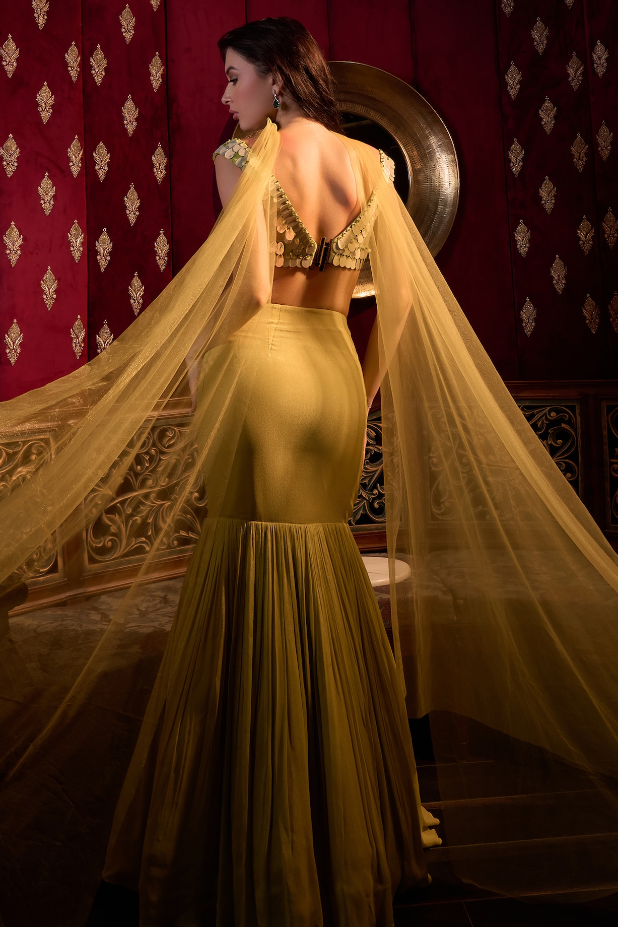 Lime Green Natural Crepe & Delicate Tulle Hand Ruched Fish-Cut Lehenga ...