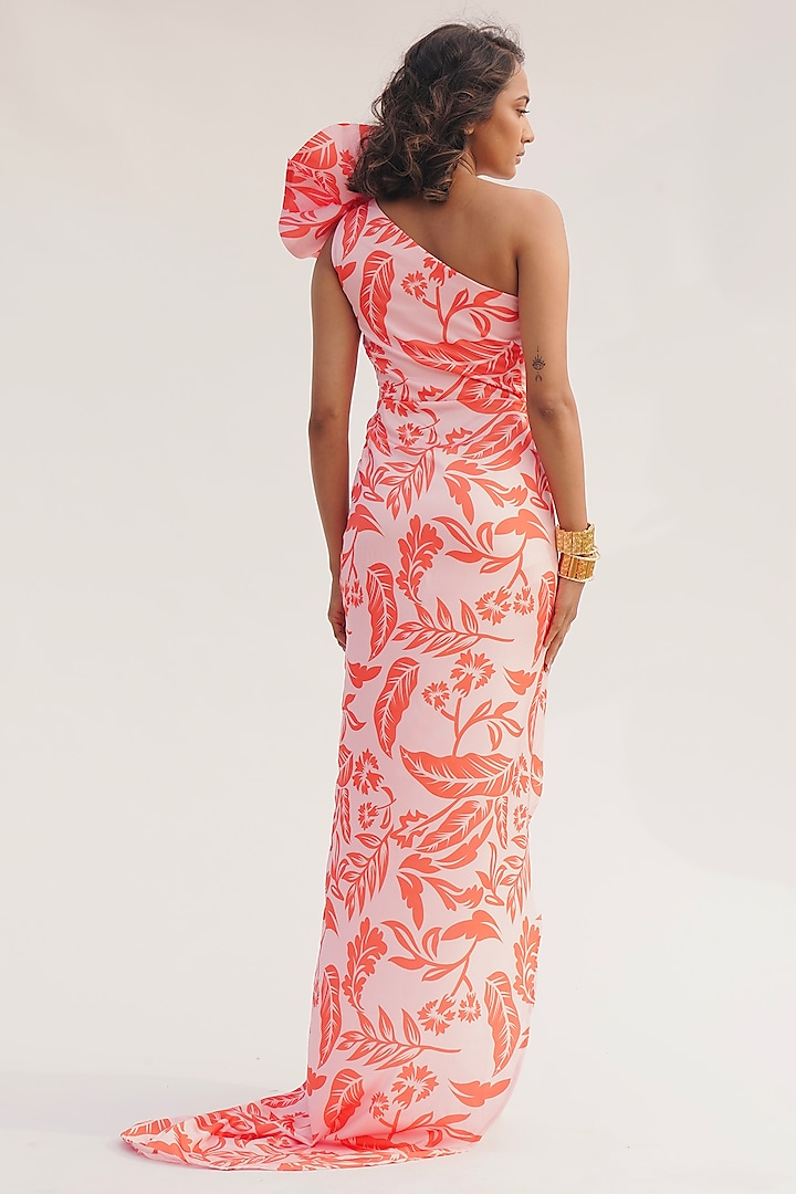 Pink & Orange Armani Satin Floral Printed One Shoulder Vacation Dress ...