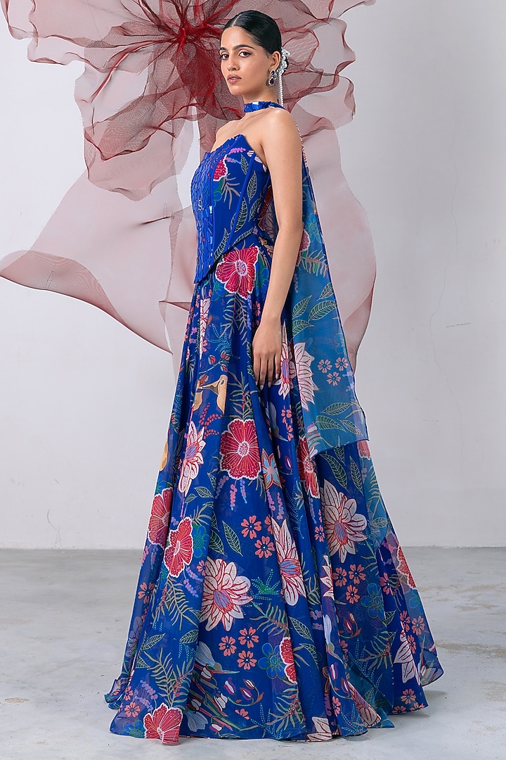 Electric Blue Organza Printed Wedding Lehenga Set by Vesture at Pernia ...
