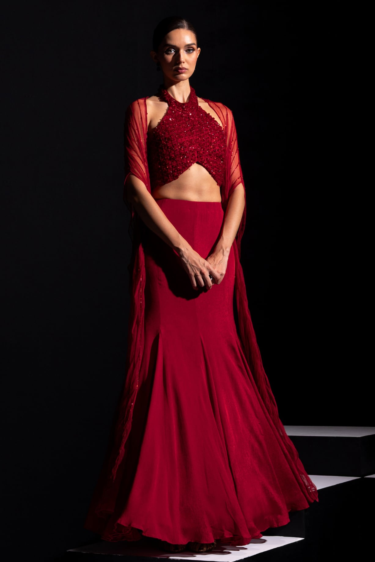 Deep Red Mesh & Crepe Fish-Cut Wedding Lehenga Set by Vesture at Pernia ...