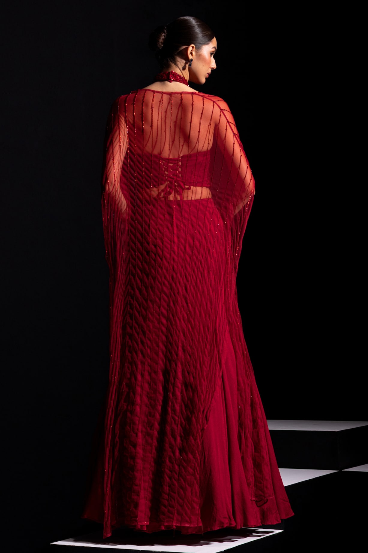 Deep Red Mesh & Crepe Fish-Cut Wedding Lehenga Set by Vesture at Pernia ...