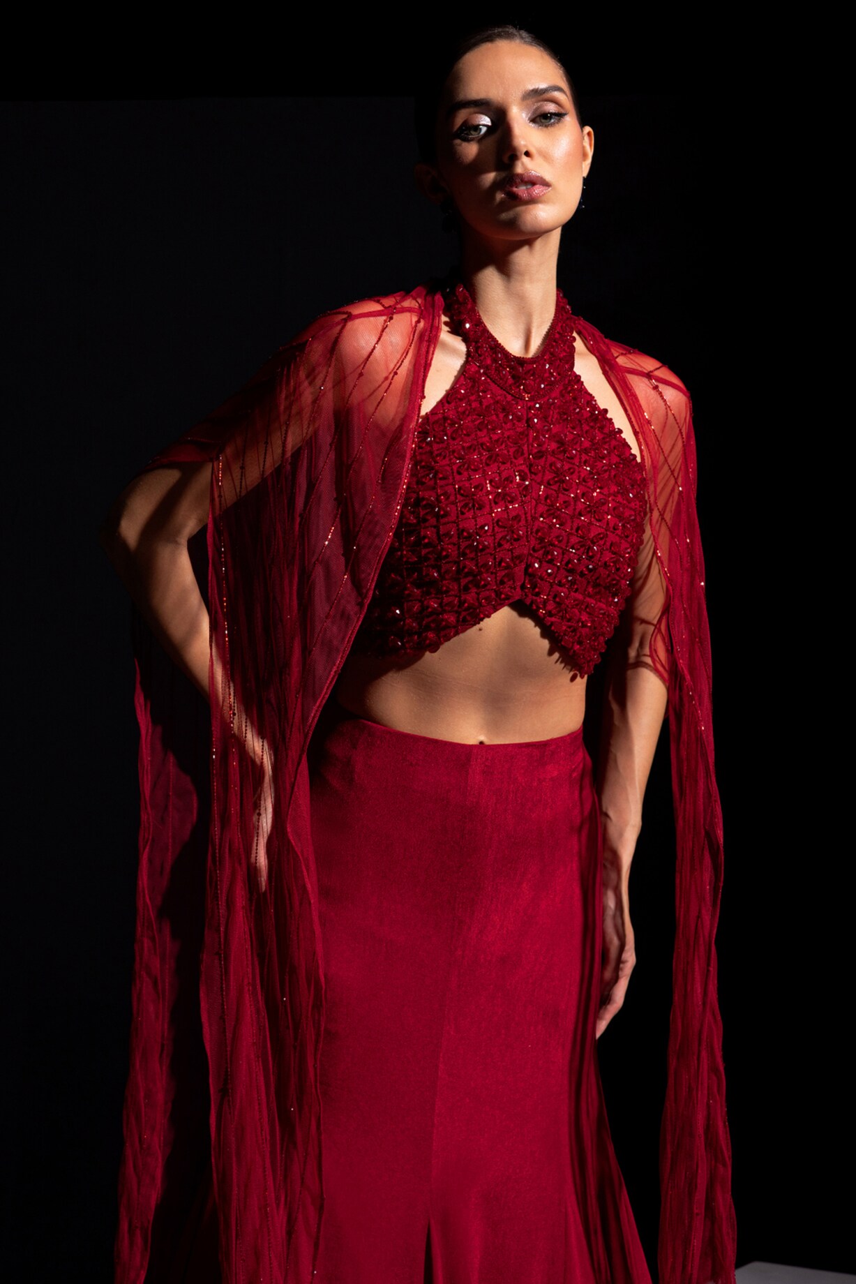 Deep Red Mesh & Crepe Fish-Cut Wedding Lehenga Set by Vesture at Pernia ...