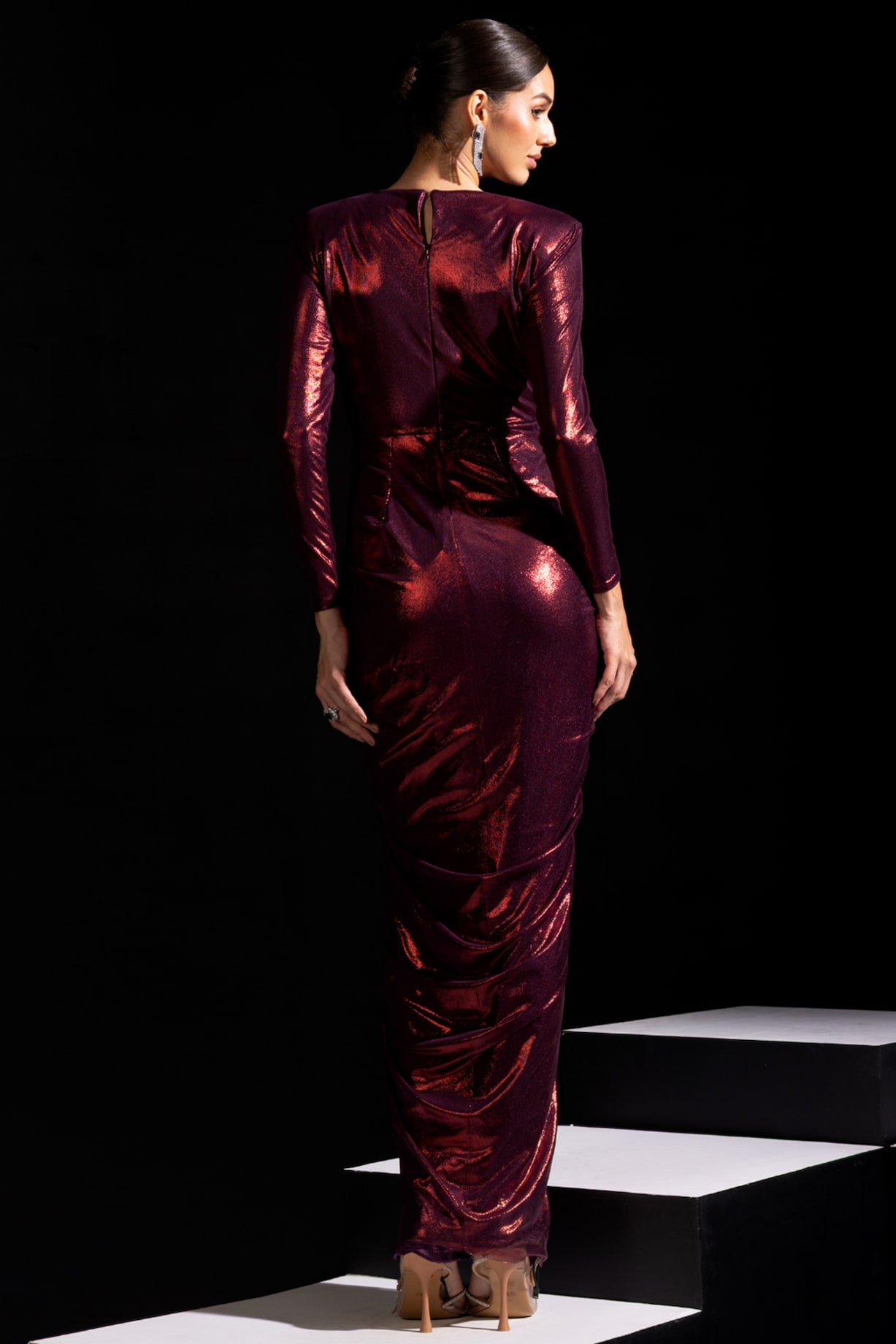 Metallic Red Metallic Mesh Draped Party Wear Gown by Vesture at Pernia ...
