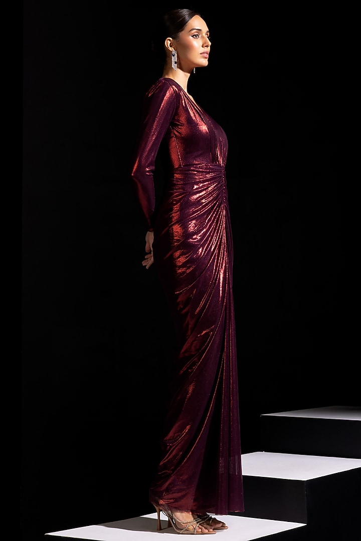 Metallic Red Metallic Mesh Draped Party Wear Gown by Vesture at Pernia ...