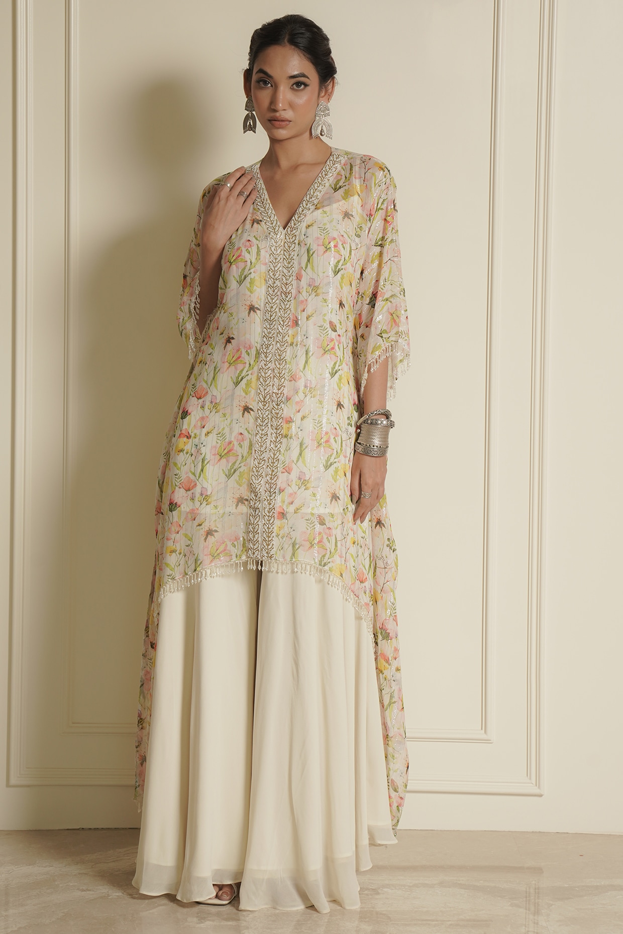 White Chiffon Printed Kaftan Set by Vesture at Pernia's Pop Up Shop 2025