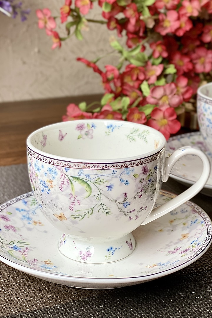 White Finest Premium Porcelain Floral Cup & Saucer Set by Vigneto at ...