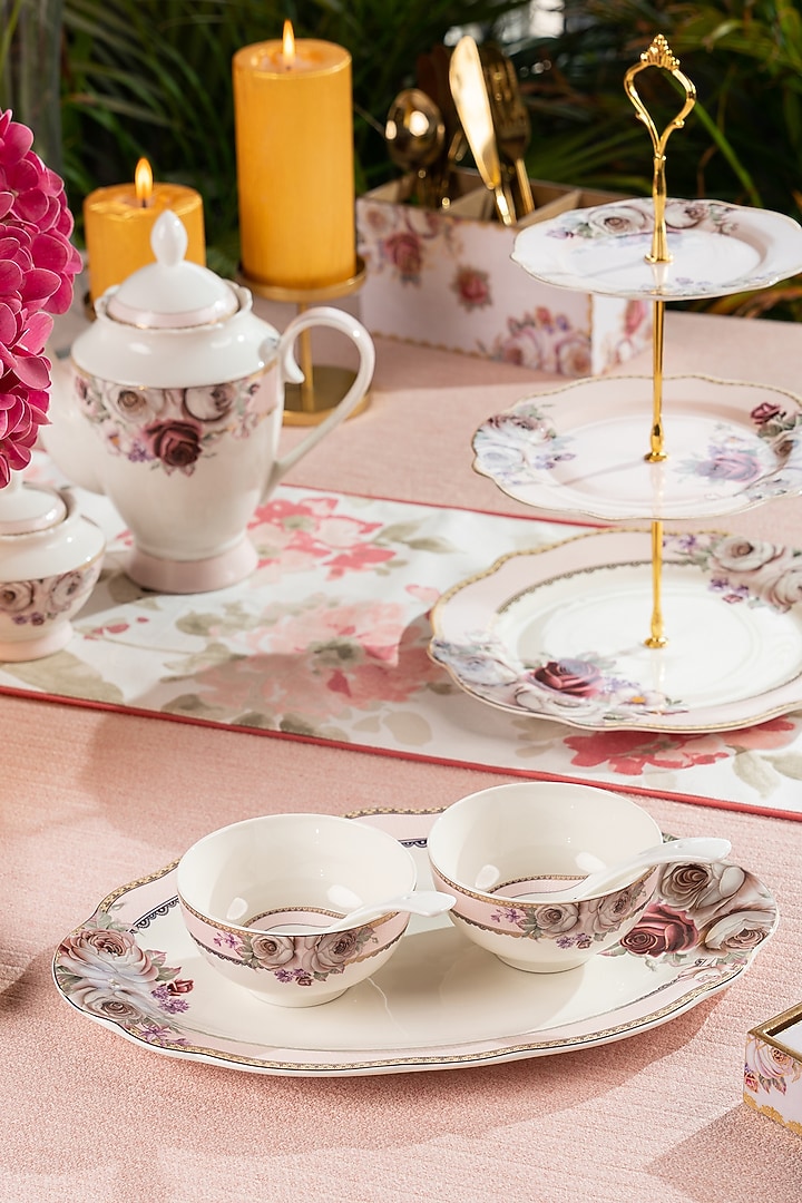 Pink & White Finest Premium Porcelian Floral Dinner Set by Vigneto at ...