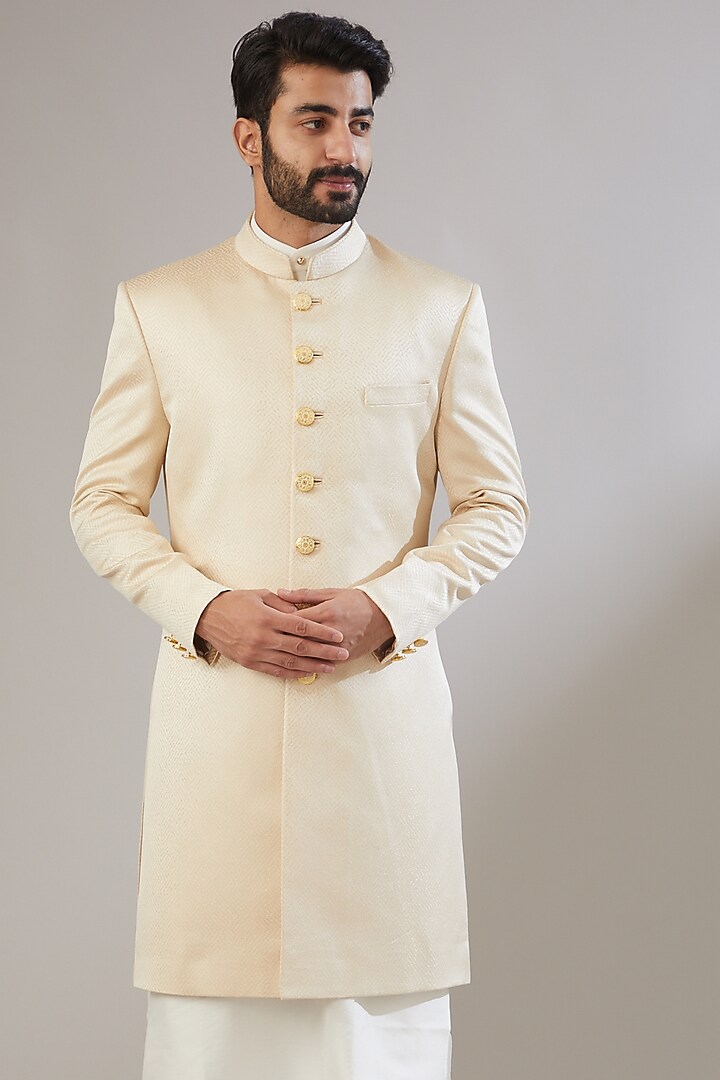 Light Beige Jacquard Poly Viscose Wedding Sherwani Set by VICUGNA at ...