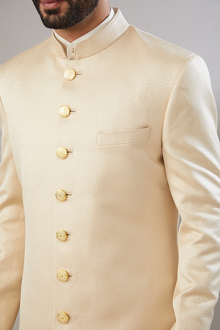 Light Beige Jacquard Poly Viscose Wedding Sherwani Set by VICUGNA at ...