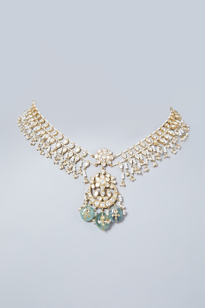 Gold Finish Moissanite Polki & Diamond Long Necklace In Sterling Silver ...