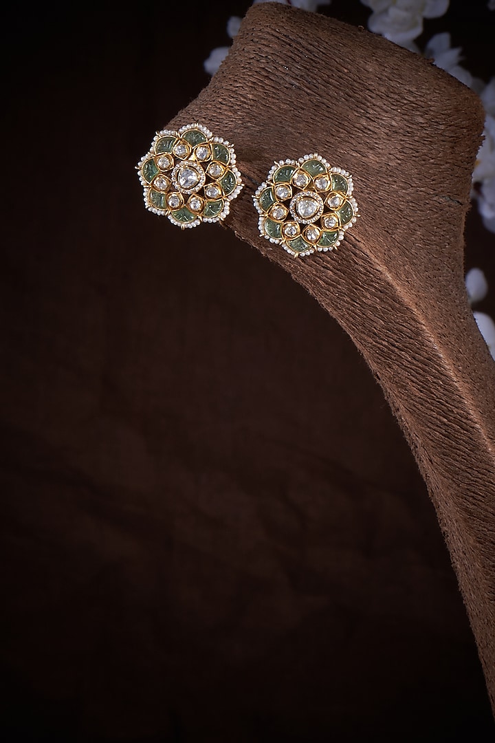 Gold Plated Kundan Polki & Fluorite Stone Stud Earrings In Sterling ...