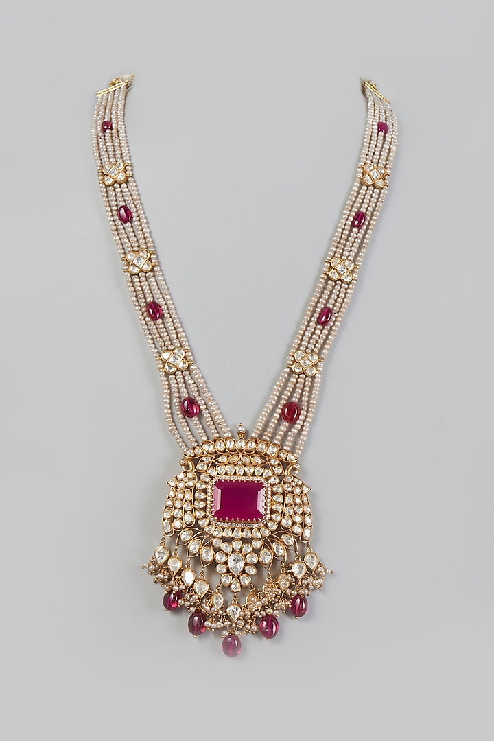 Gold Finish Ruby & Pearls Long Necklace In Sterling Silver by Vinanti ...