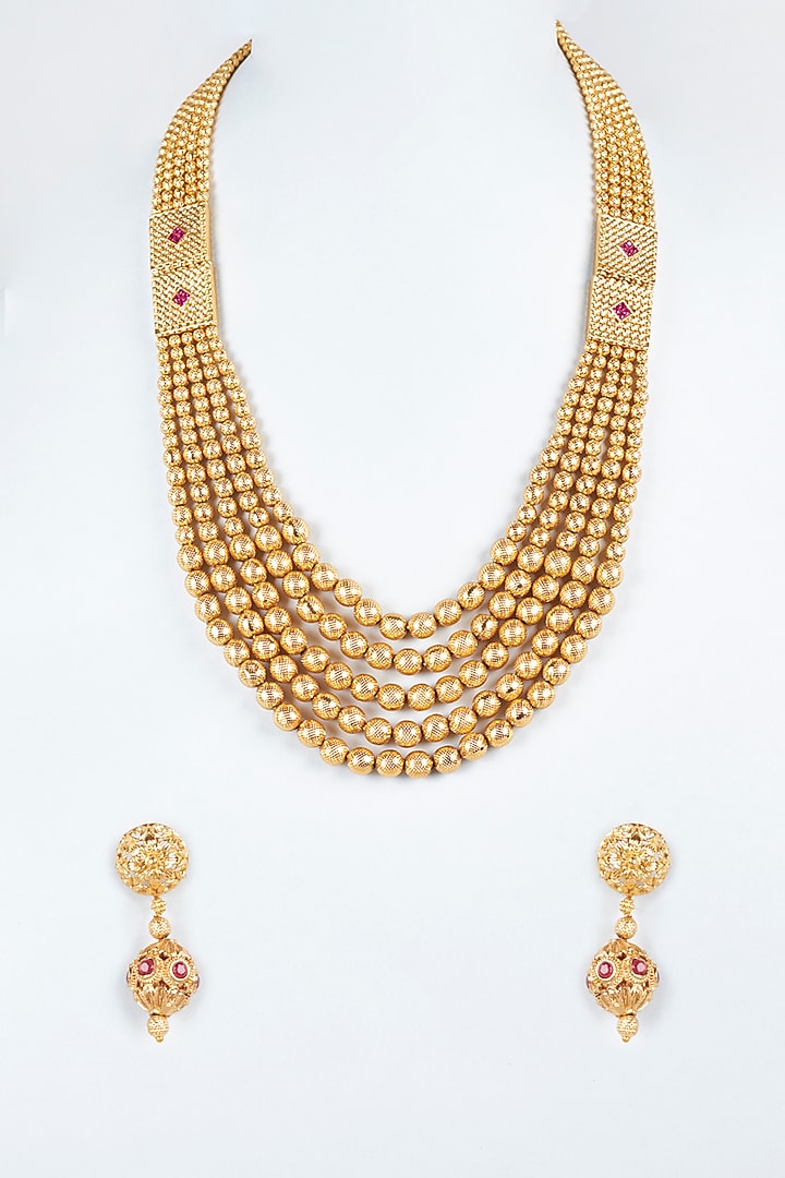 Gold Finish Semi-Precious Stone & Beaded Handcrafted Temple Mala Set by ...
