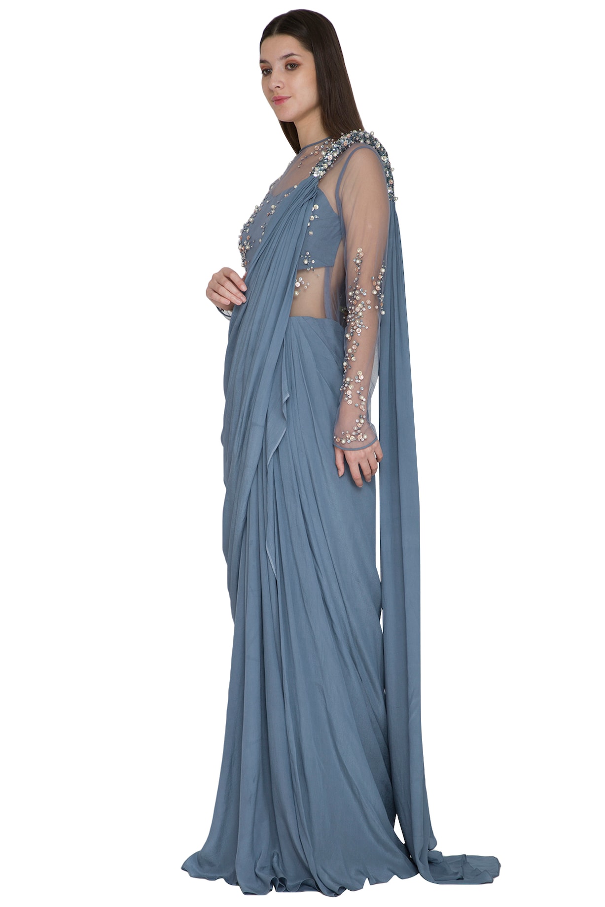 Celeste Blue Embroidered Gown Saree by Vivek Patel at Pernia's Pop Up ...