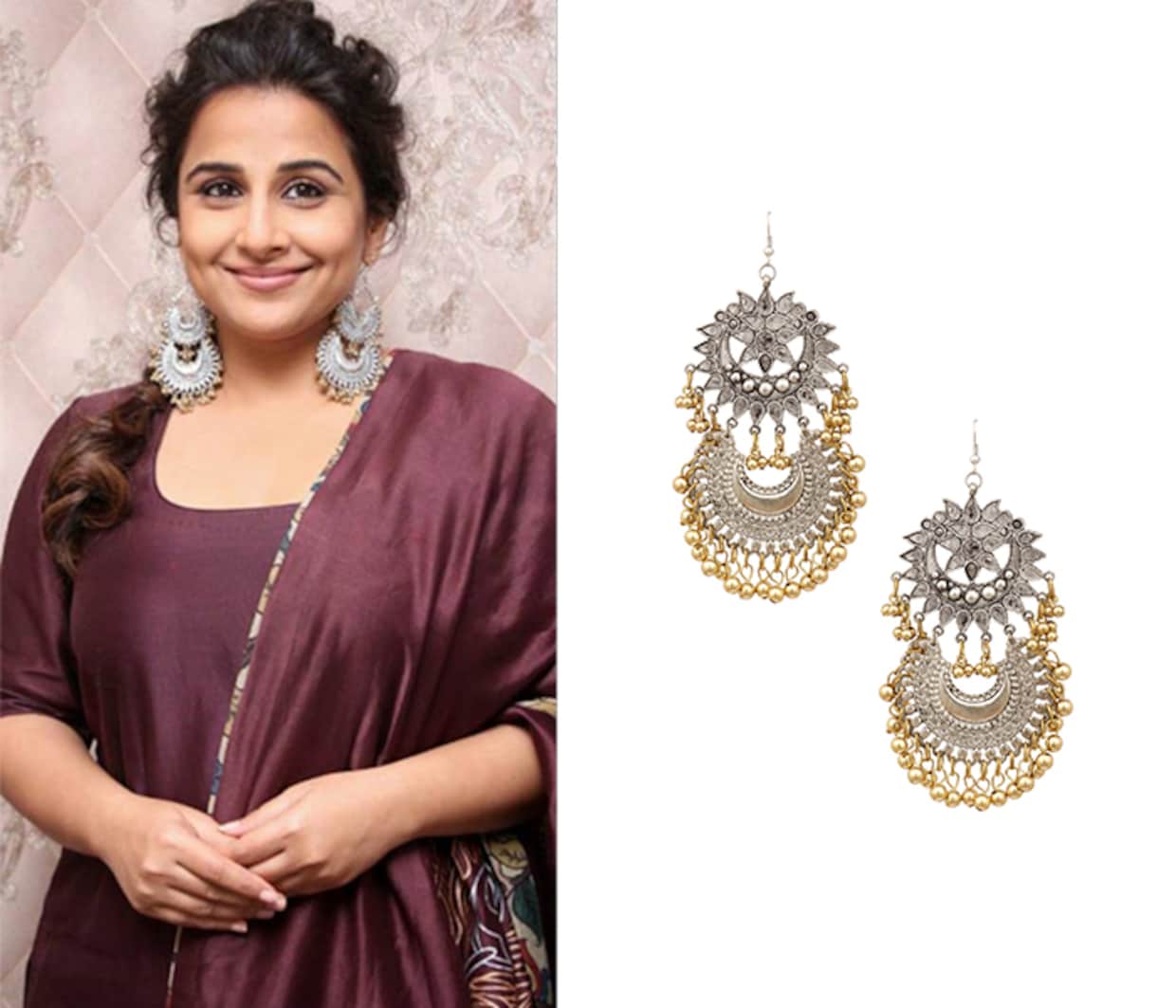 Ritika Sachdeva presents Silver finish floral cutwork crescent gold ghungroo earrings available ...