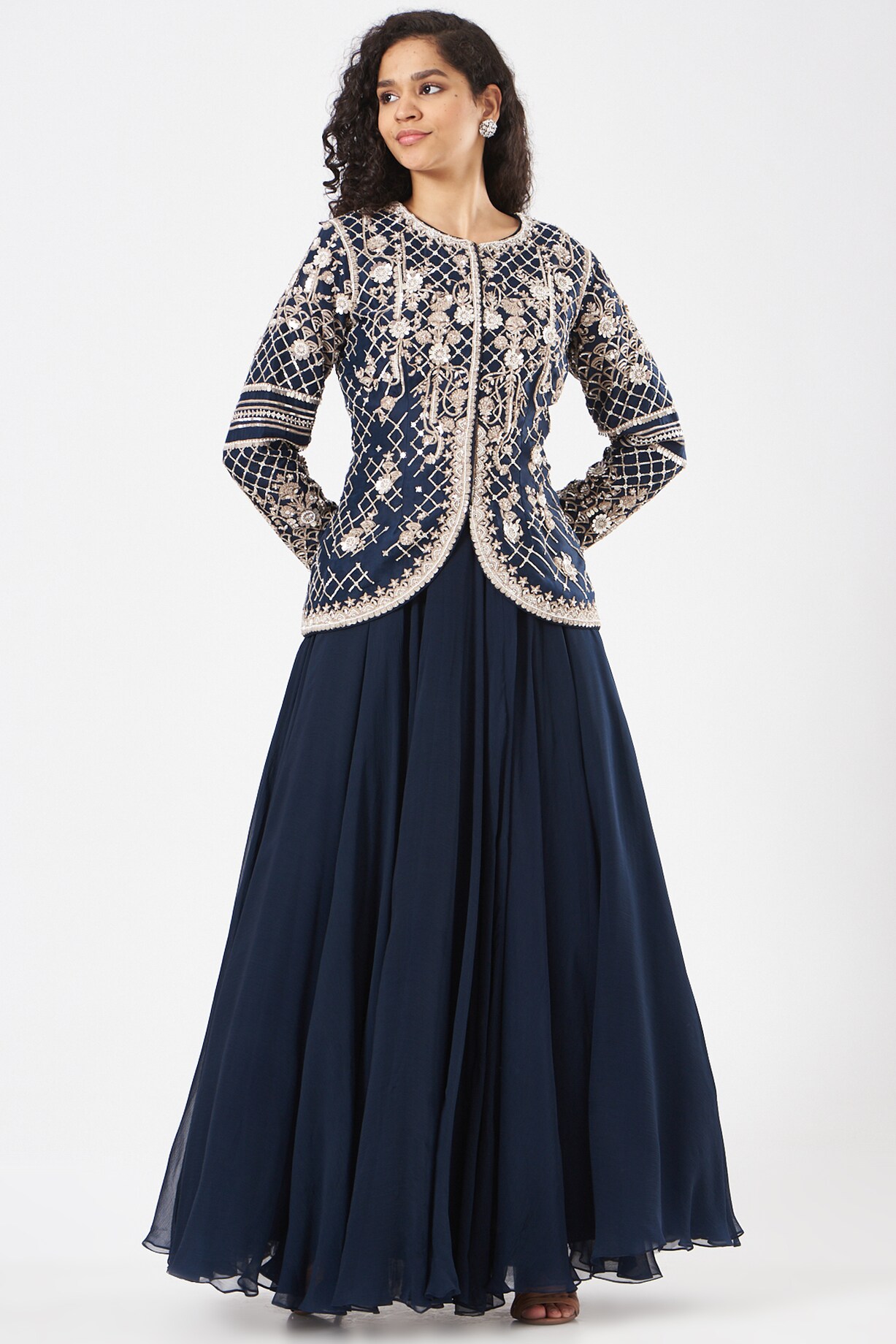 Dark Navy Blue Embroidered Jacket Set Design by Varun Nidhika at Pernia ...