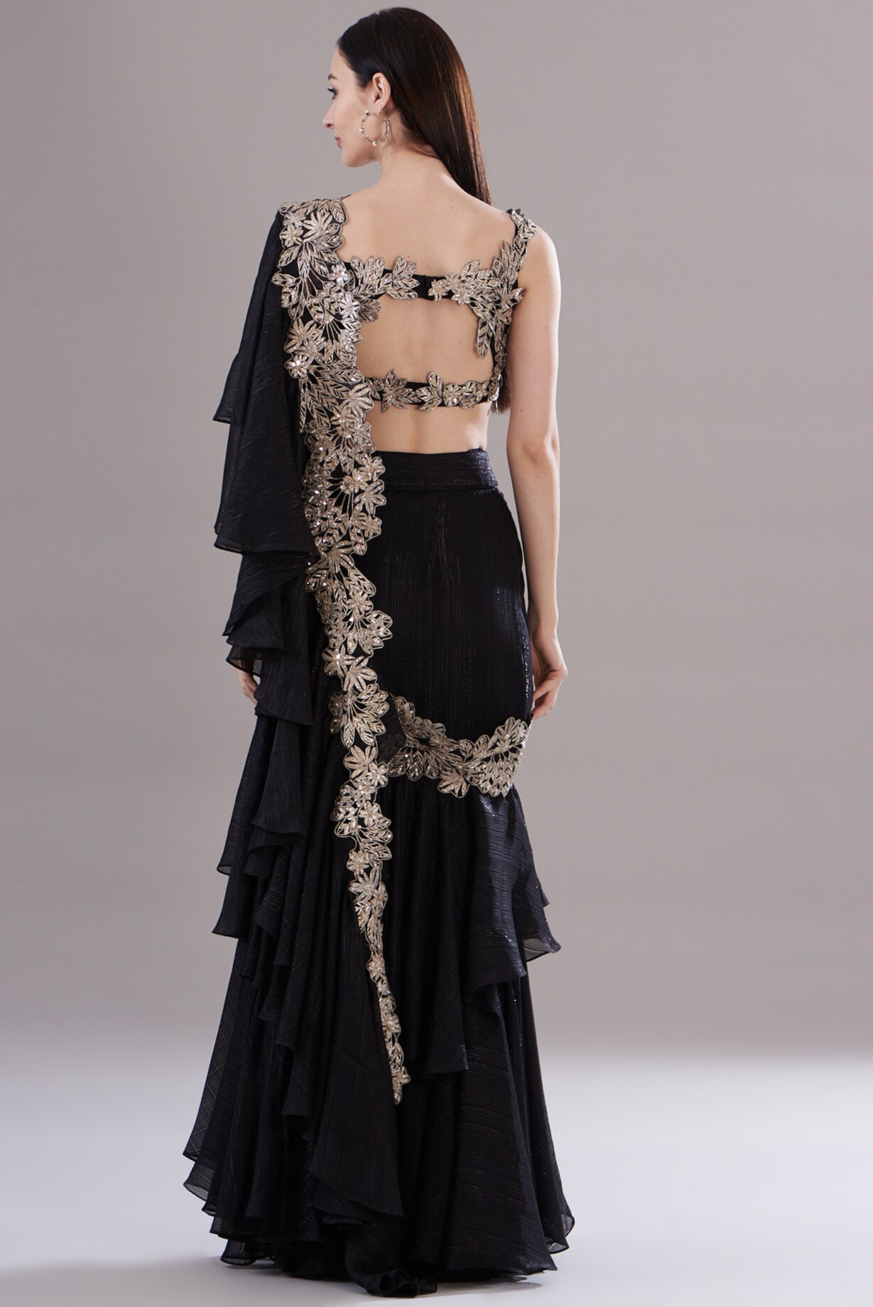 Black Lurex Stripe Embroidered Pre-Stitched Ruffle Saree Set Design by ...