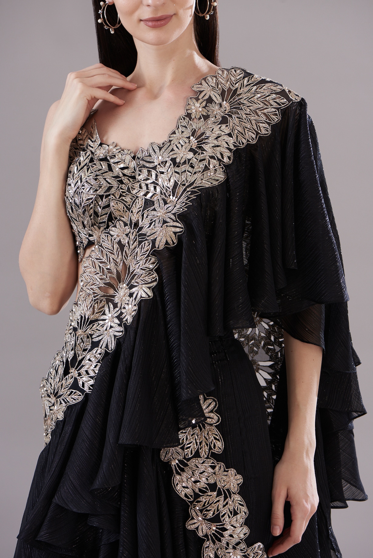 Black Lurex Stripe Embroidered Pre-Stitched Ruffle Saree Set Design by ...