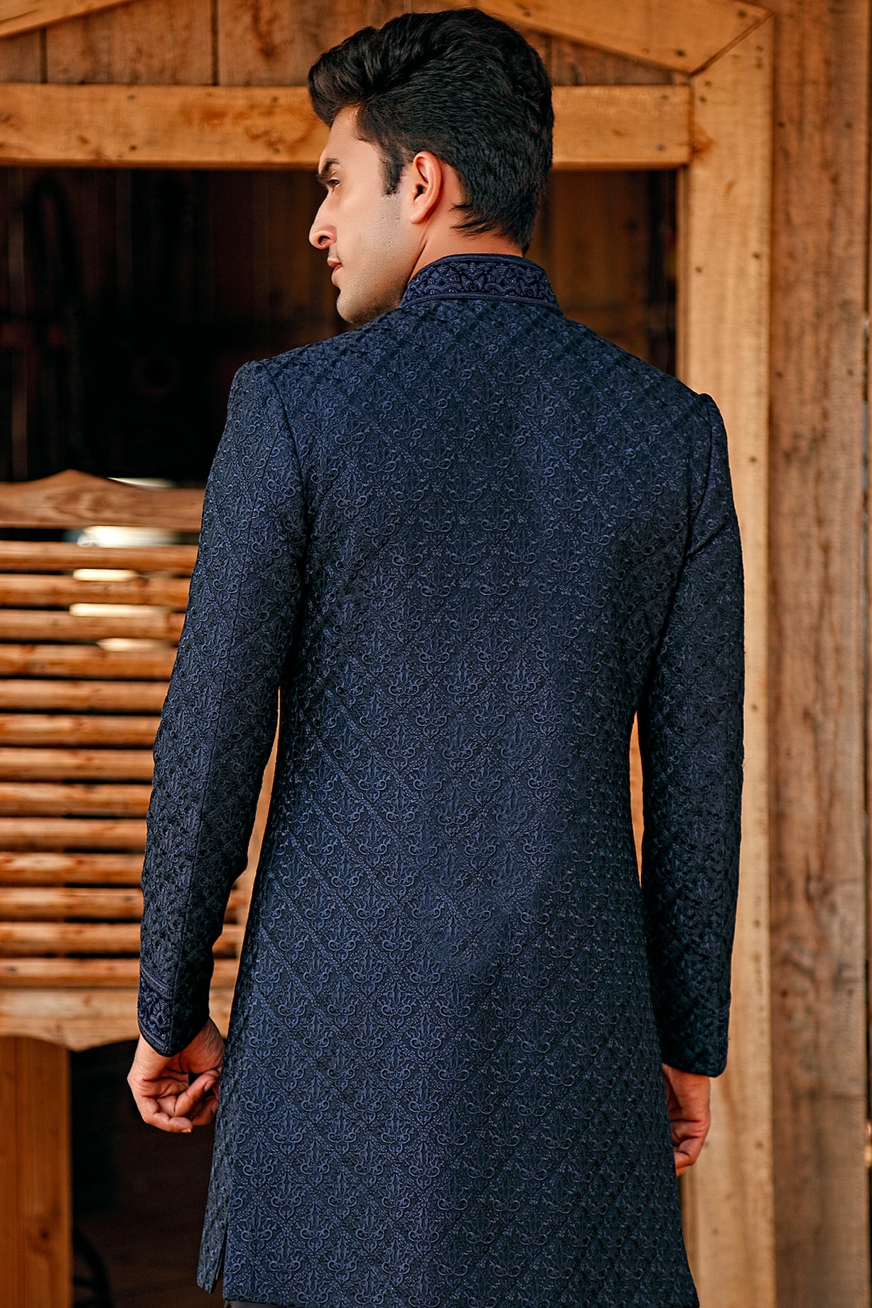 Navy Blue Self Embroidered Wedding Sherwani Set by Vanshik at Pernia's ...