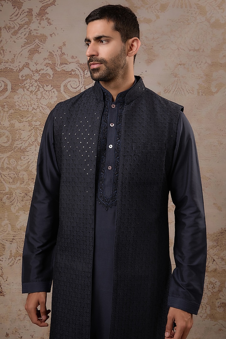 Blue Blended Silk Open Jacket Set by Vanshik at Pernia's Pop Up Shop 2025