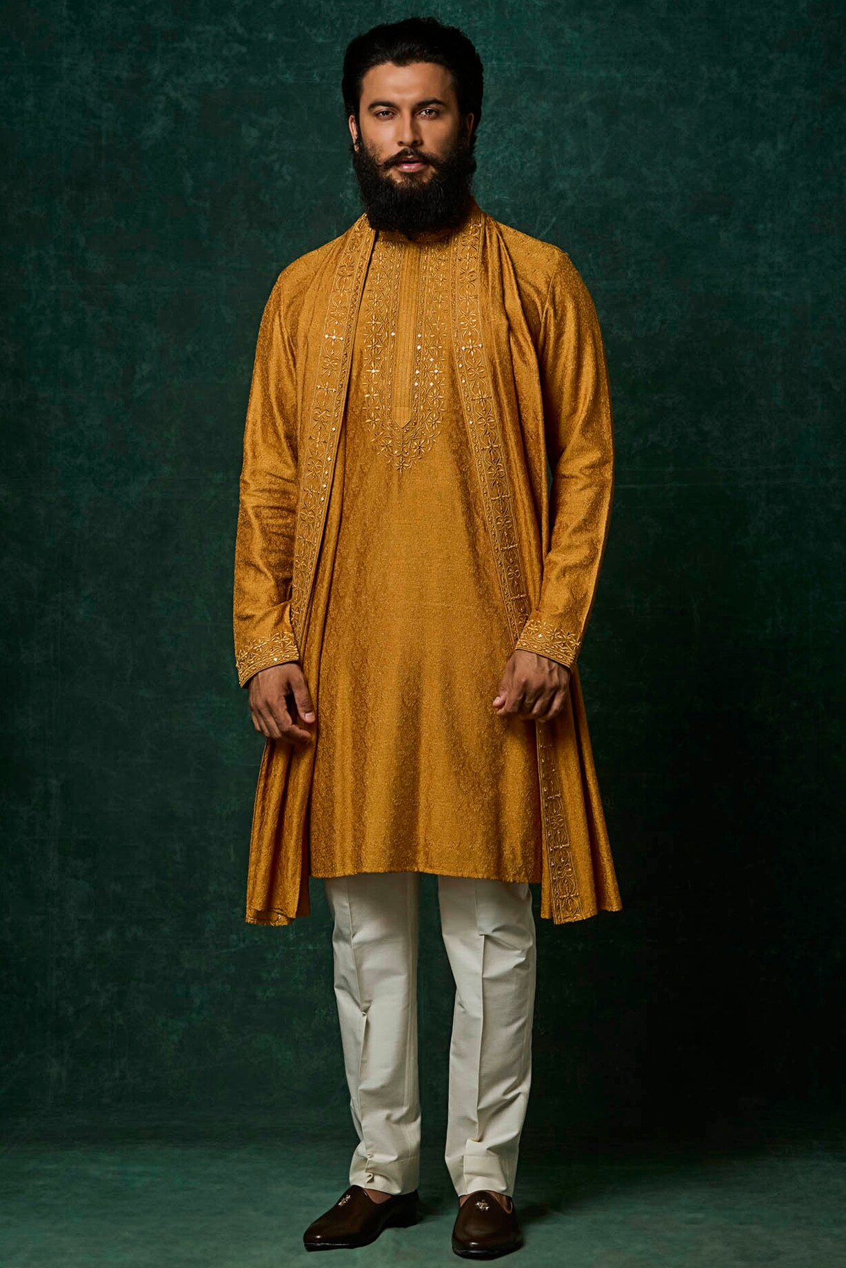 Mustard Silk Mirror Work Kurta Set by Vanshik at Pernia's Pop Up Shop 2026