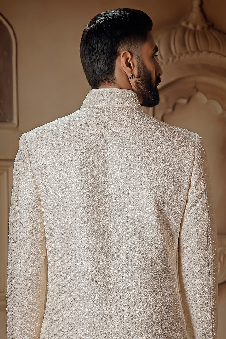 Pearl White Silk Digital Embroidered Groom Sherwani Set by Vanshik at ...