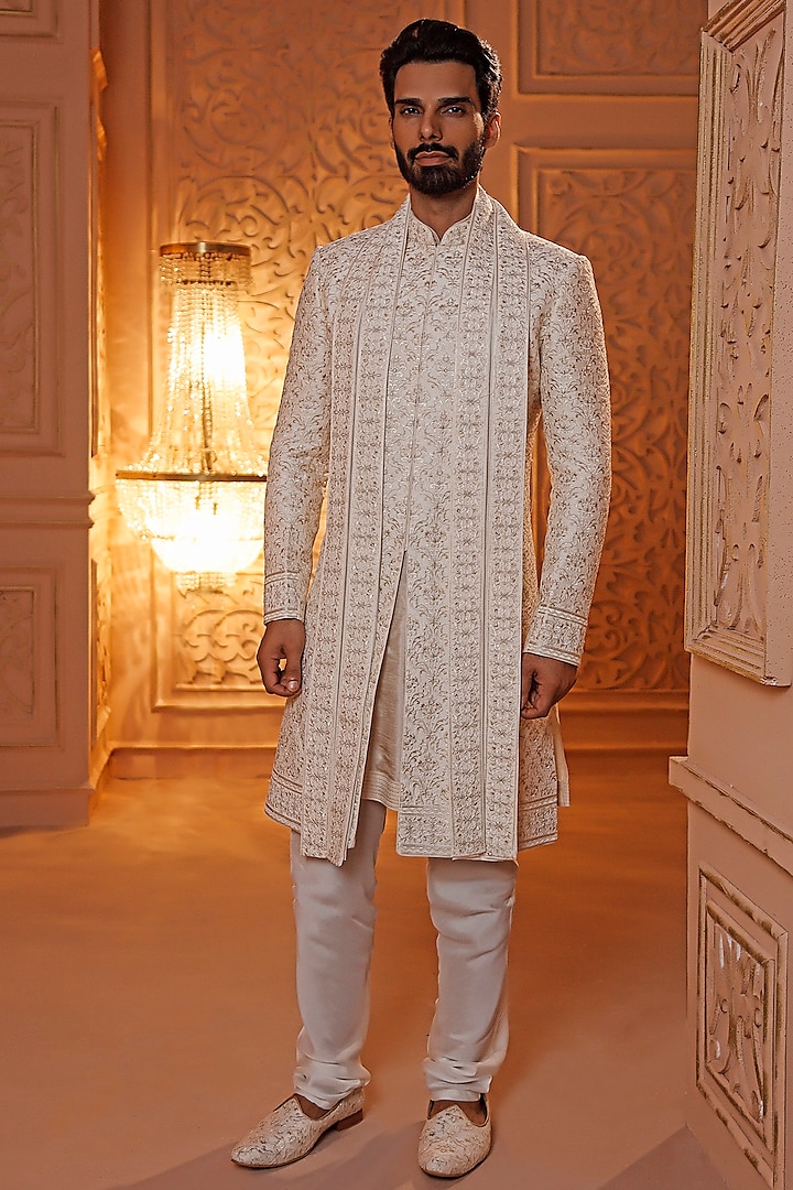 Cream Raw Silk Embroidered Groom Sherwani Set by Vanshik at Pernia's ...