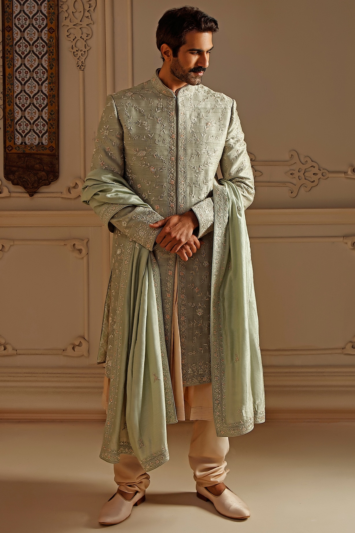 Buy Vanshik Mint Raw Silk Resham Embroidered Sherwani Set at Pernia ...