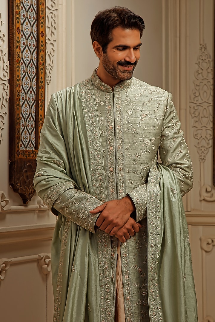 Buy Vanshik Mint Raw Silk Resham Embroidered Sherwani Set at Pernia ...