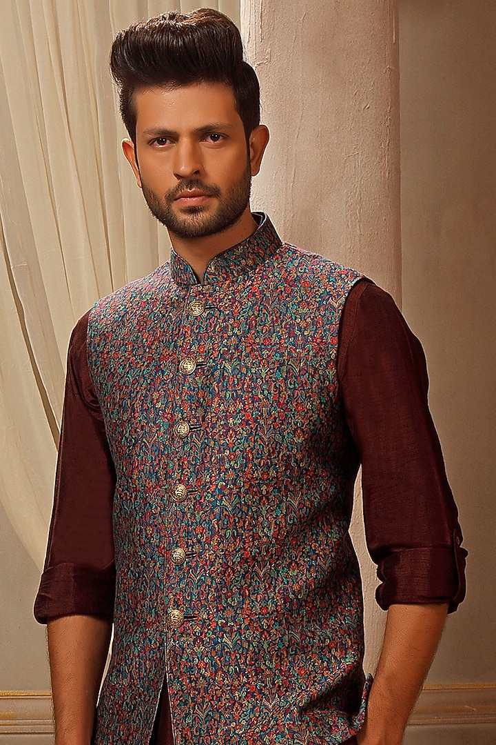 Wine and Ash Blue Nehru Jacket Set by Vanshik at Pernia's Pop Up Shop 2024