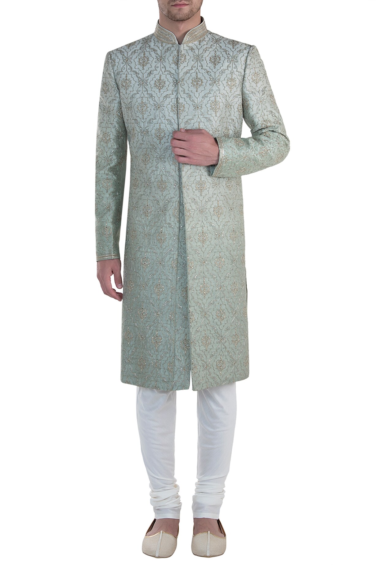 Mint embroidered sherwani with churidar pants available only at Pernia ...