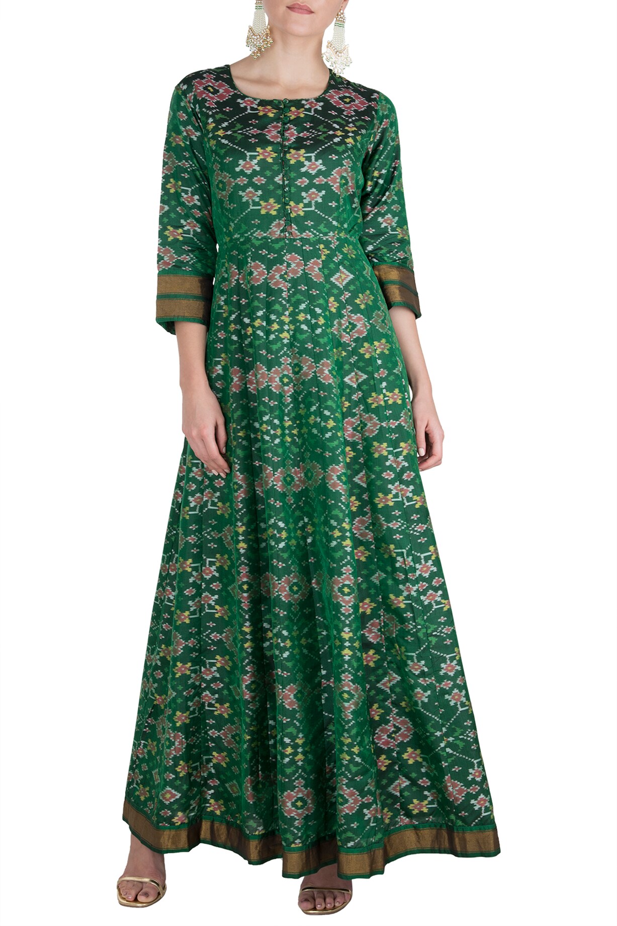 Green handwoven ikkat anarkali gown available only at Pernia's Pop Up ...