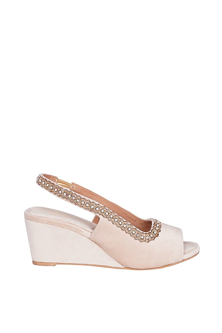 Cream Suede Crystal Embroidered Peep Toe Slingback Wedges by Veruschka ...