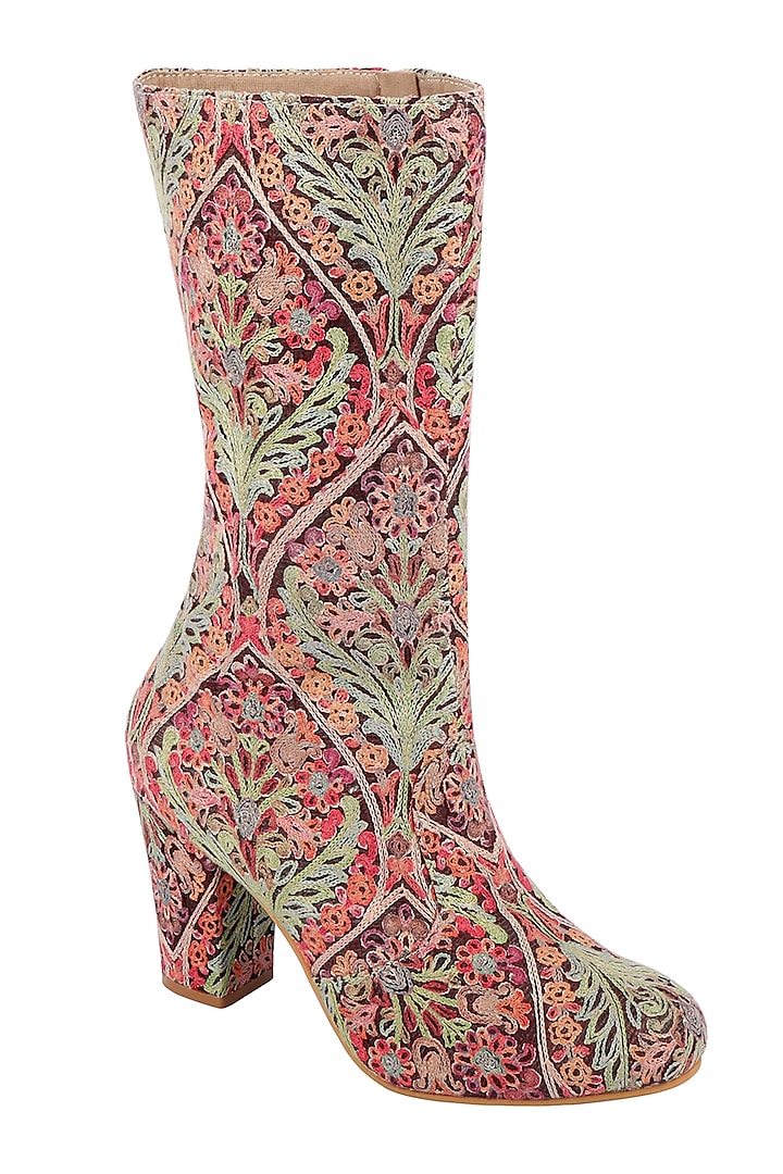 Multi Colored Embroidered Calf Length Boots Design by Veruschka By ...