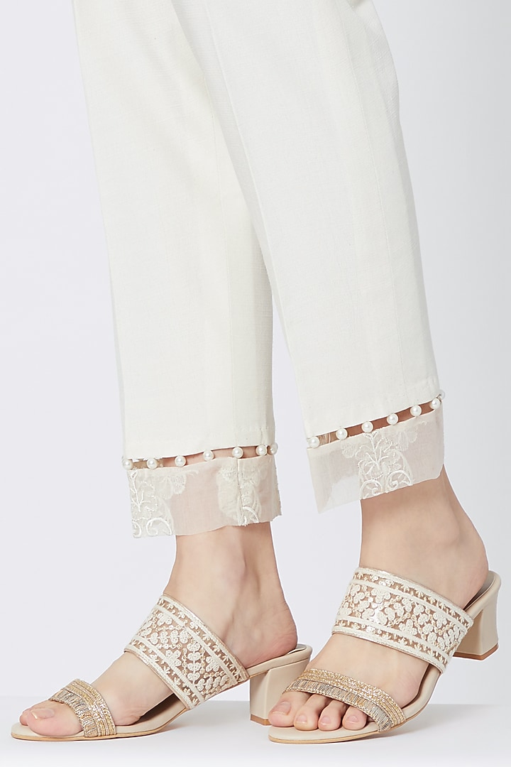 Cream & Gold Embroidered Slip-on Block Heels by Veruschka By Payal ...