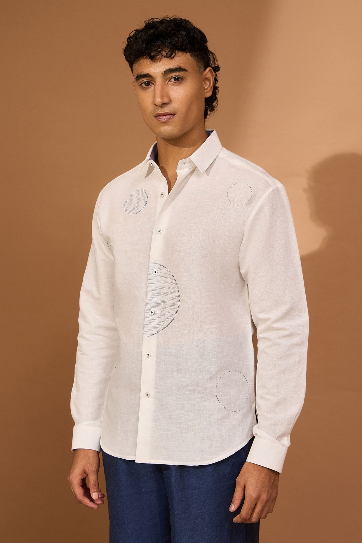 White Cotton Linen Motifs Work Shirt by Vivek Karunakaran at Pernia's Pop Up Shop 2025