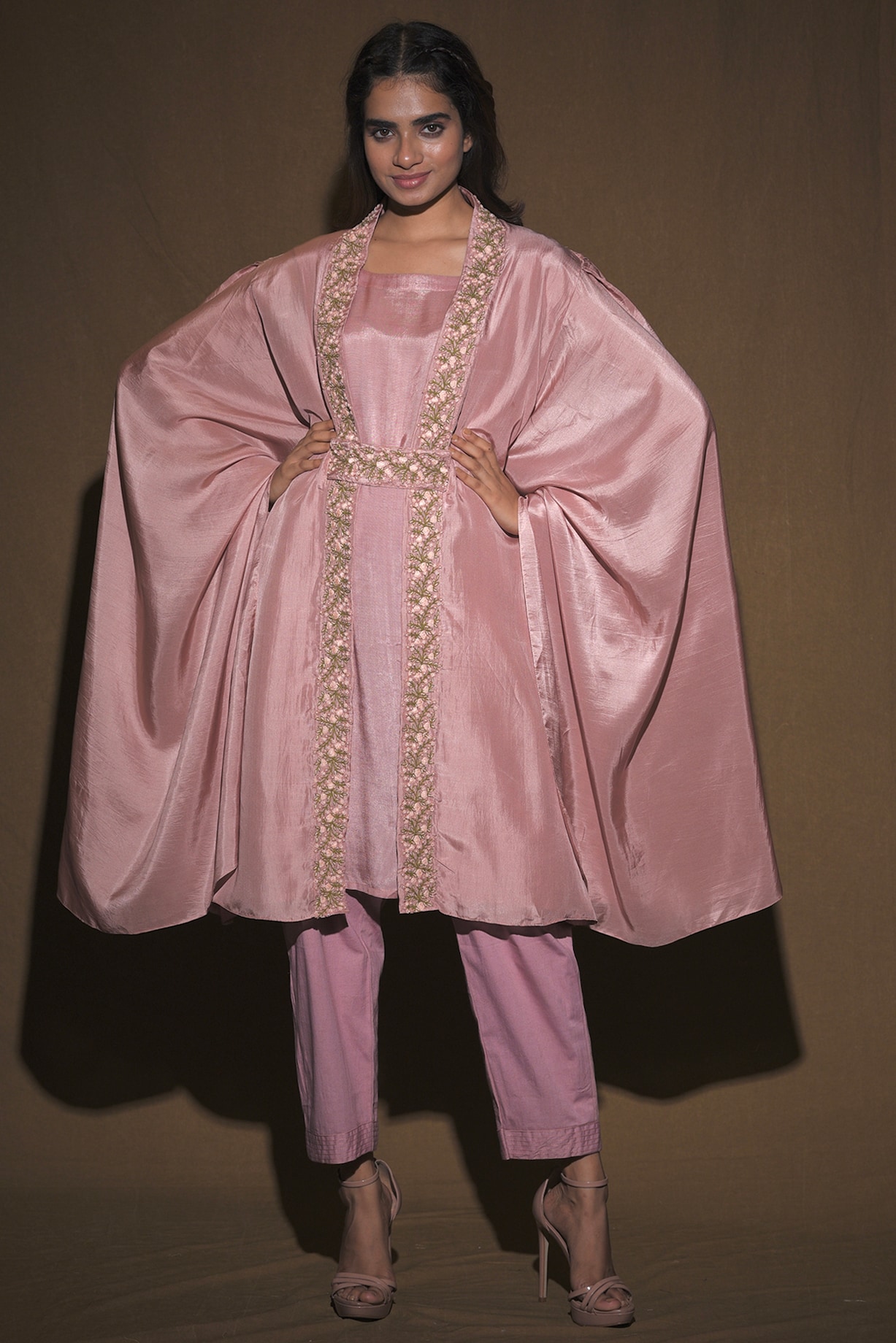 Pink Hand Embroidered Kaftan Jacket Set Design by Vara By Vibha & Priti ...