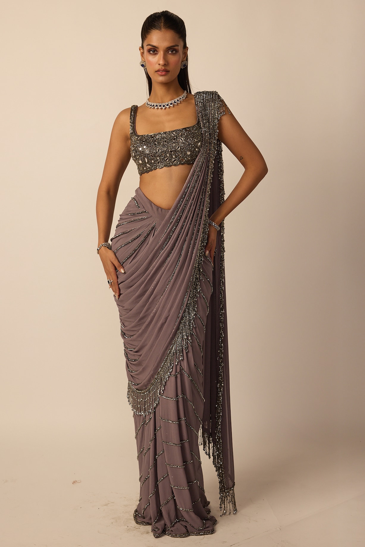 Metallic Grey Georgette Silver Tassels Draped Reception Saree Set by ...