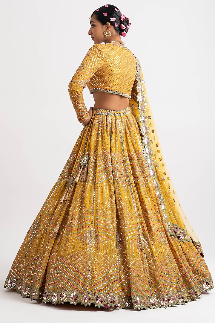 Yellow Georgette Zari Embroidered Bridal Lehenga Set By Vvani By Vani