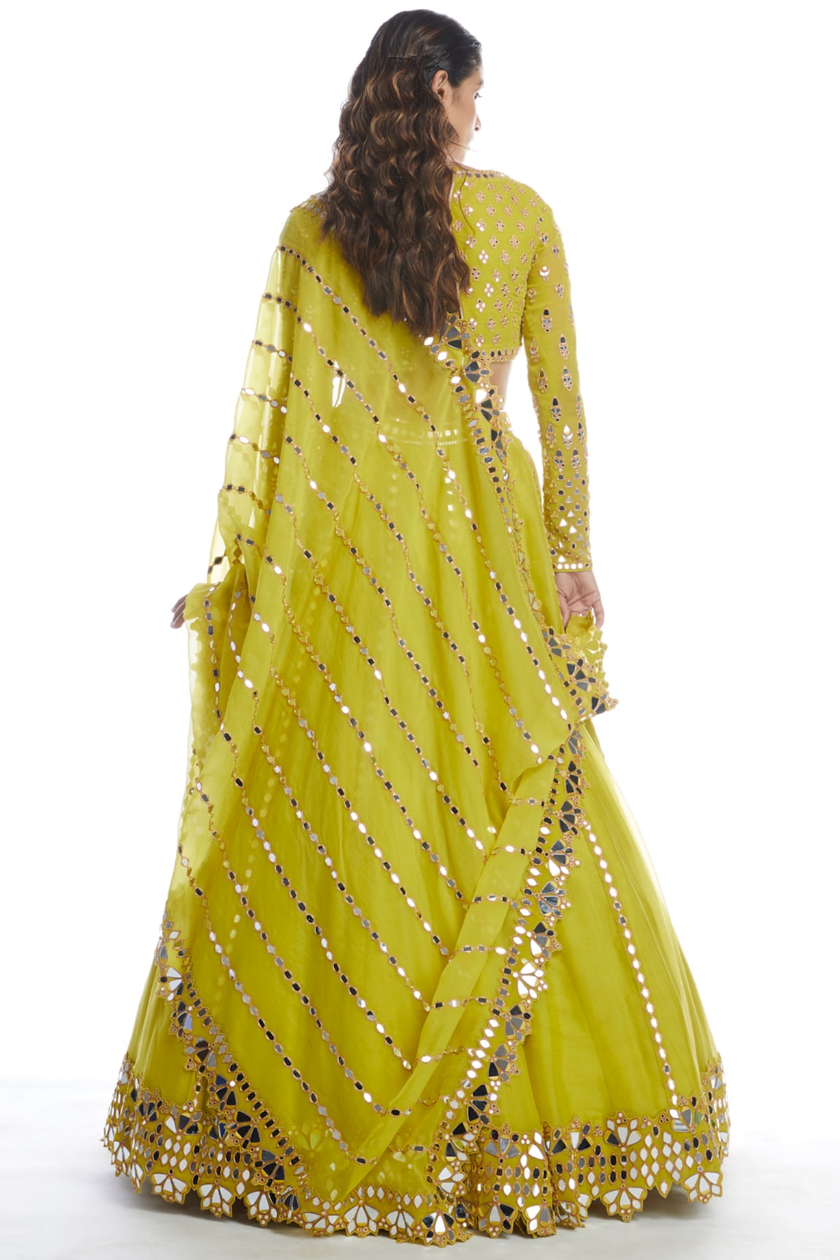 Yellow Organza Mirror Embellished Kalidar Wedding Lehenga Set By Vvani