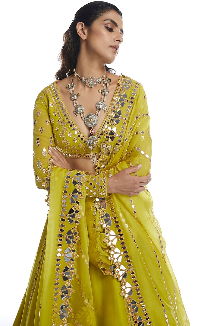 Yellow Organza Mirror Embellished Kalidar Wedding Lehenga Set By Vvani