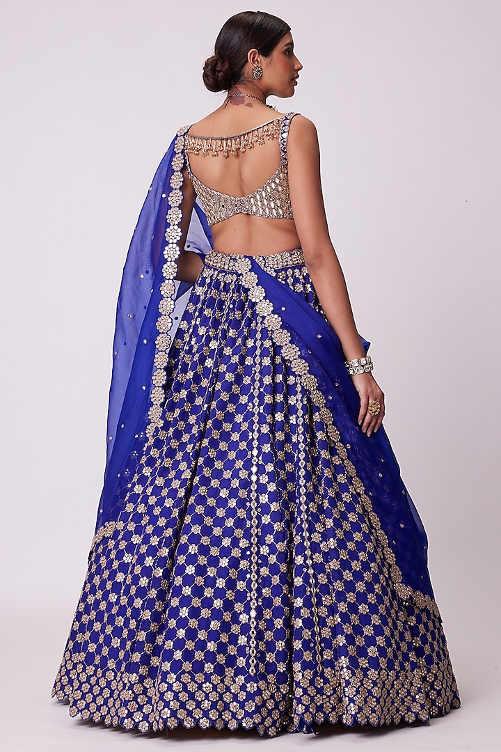 Persian Blue Organza Mirror Embellished Bridal Lehenga Set By Vvani By