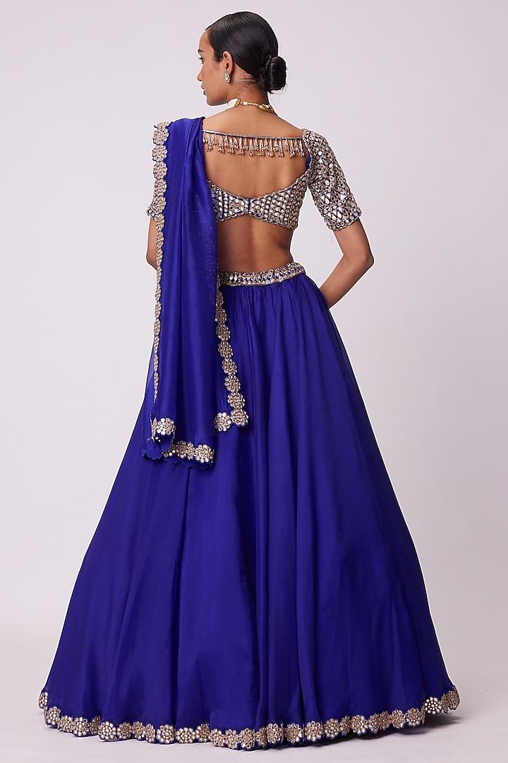 Persian Blue Organza Hand Embroidered Wedding Lehenga Set By Vvani By