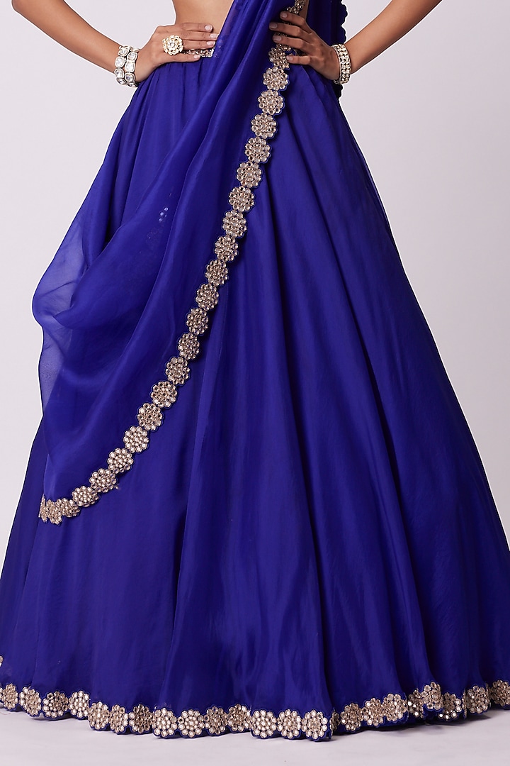 Persian Blue Organza Hand Embroidered Wedding Lehenga Set By Vvani By