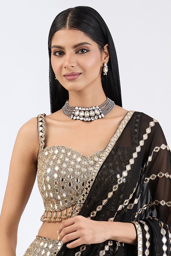 Black Georgette Mirror Hand Embroidered Pre-Draped Saree Set by Vvani ...