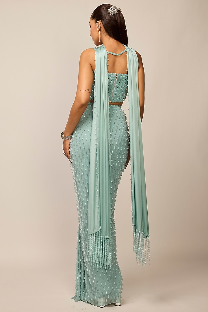 Powder Blue Georgette Draped Skirt Set by Vvani by Vani Vats at Pernia ...