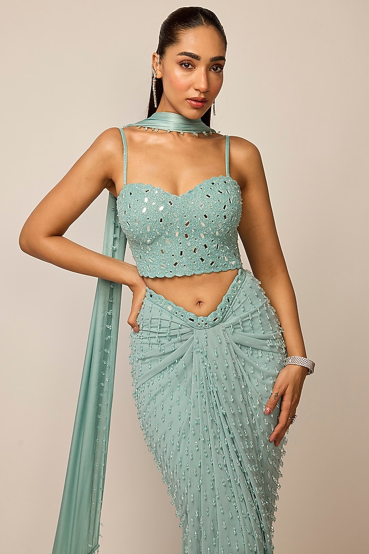 Powder Blue Georgette Draped Skirt Set by Vvani by Vani Vats at Pernia ...