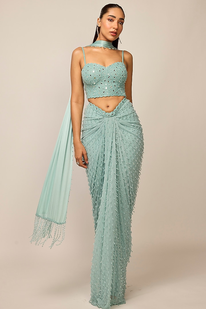 Powder Blue Georgette Draped Skirt Set by Vvani by Vani Vats at Pernia ...