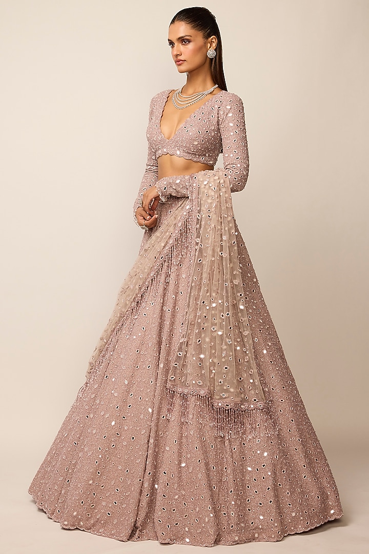 Ash Pink Organza Cutdana Embroidered Bridal Lehenga Set by Vvani by ...