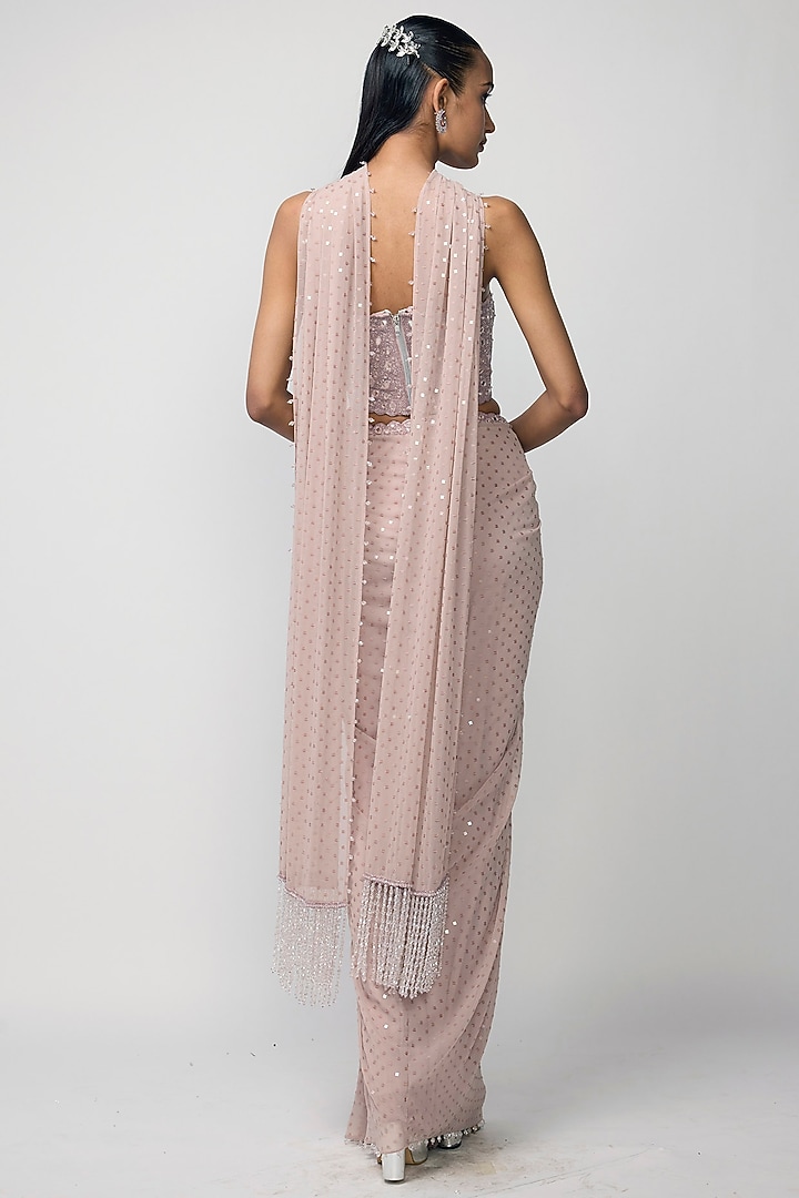 Ash Pink Georgette Cutdana Embroidered Draped Skirt Set by Vvani by ...